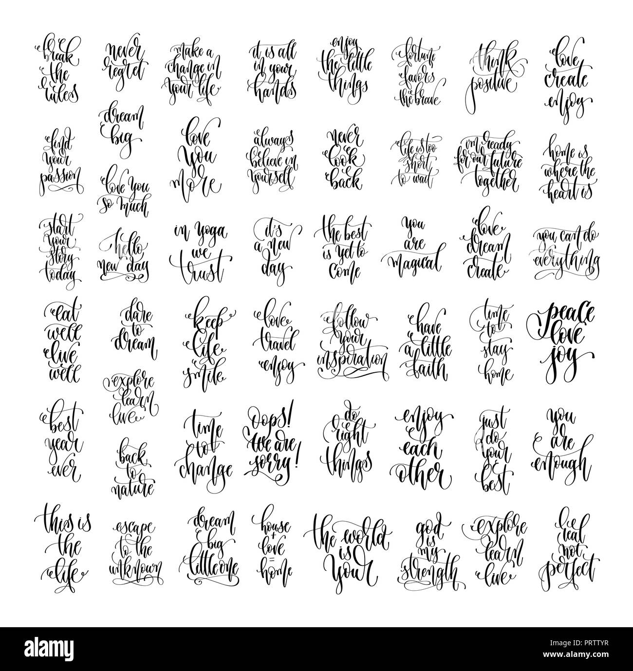 set of 50 hand lettering positive quotes isolated on white, moti Stock ...