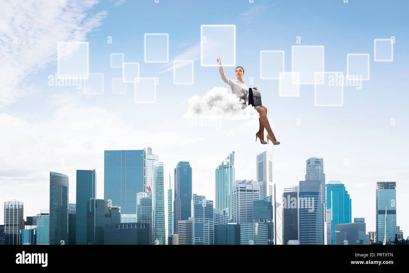 Elegant lady boss or accountant float on cloud and pointing with finger ...