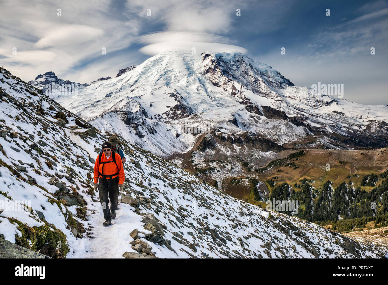 Mount Rainier, hikers on Mount Fremont Trail, first snow in September ...