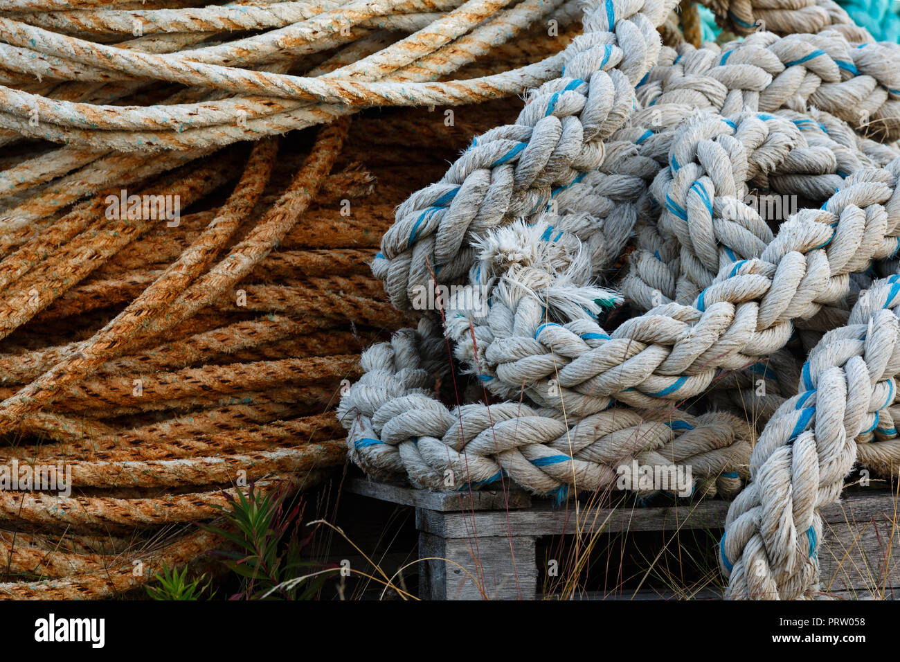 Old ropes on the wharf close up Stock Photo - Alamy