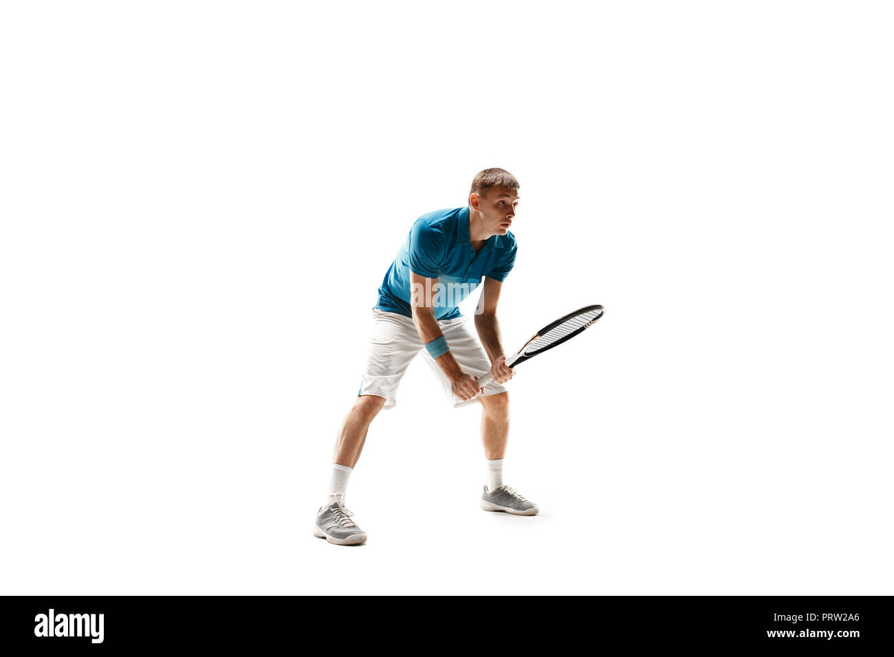 The one caucasian man playing tennis isolated on white background ...