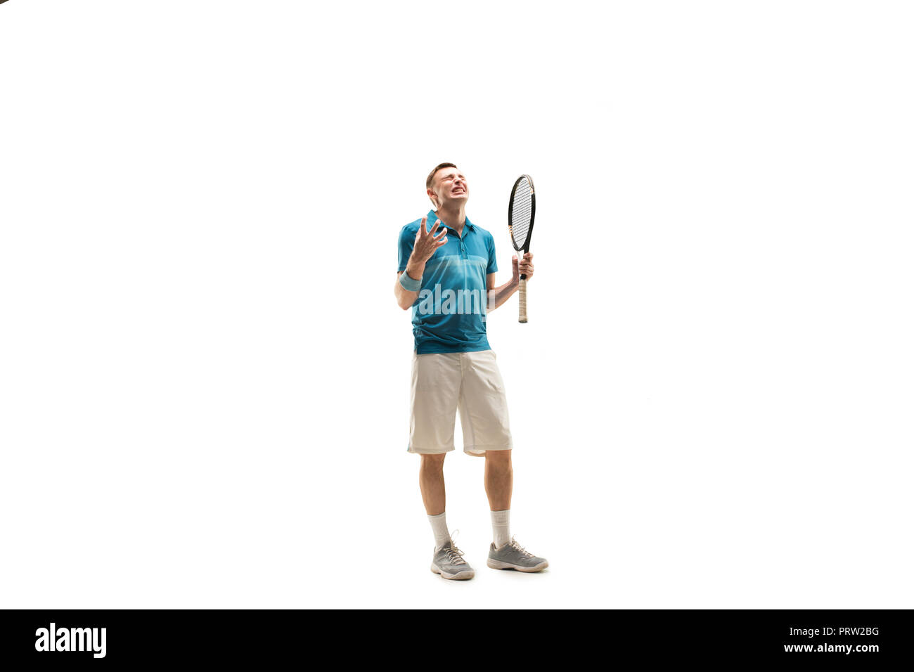 The one caucasian man playing tennis isolated on white background ...