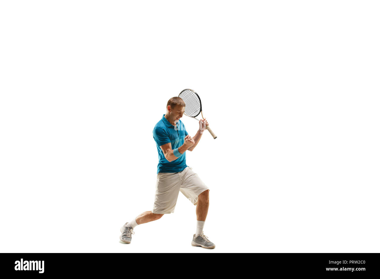 The one caucasian man playing tennis isolated on white background ...
