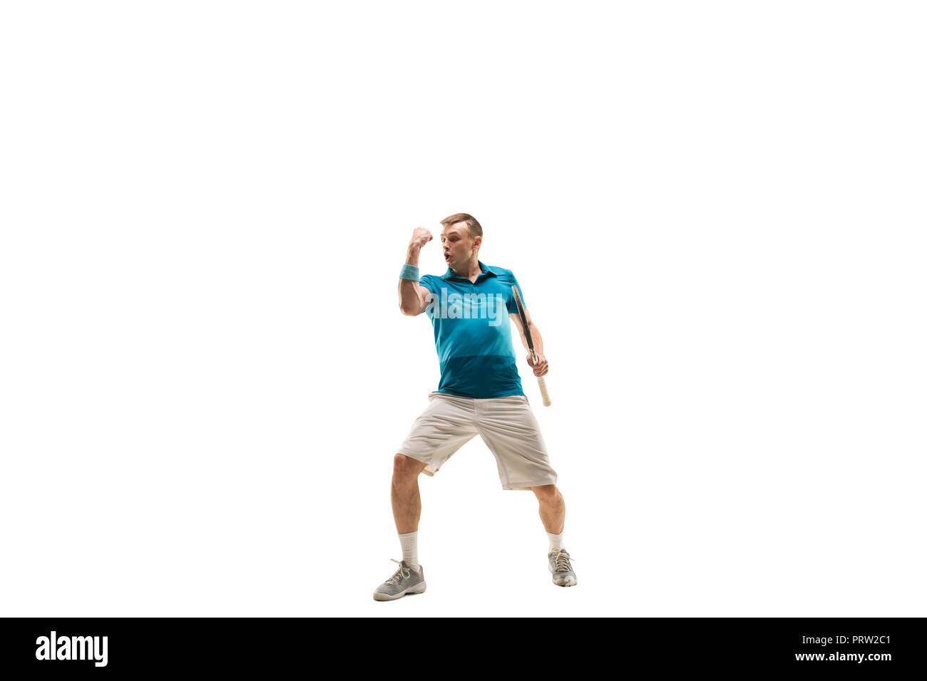 The one caucasian man playing tennis isolated on white background ...