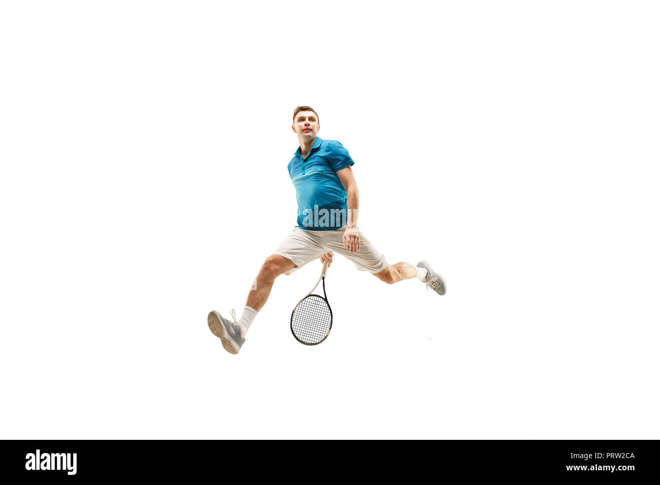 The one caucasian man playing tennis isolated on white background ...