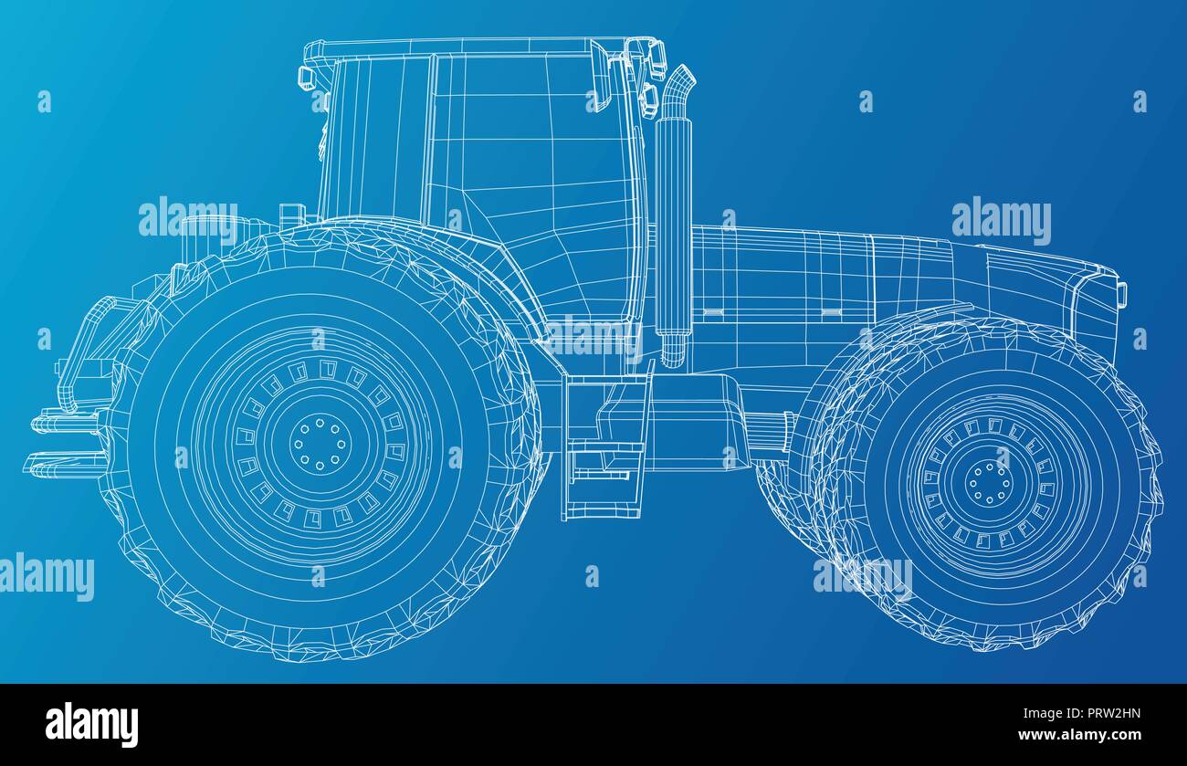 Tractor. Side view. Wire-frame tracing illustration of 3d. EPS 10 ...