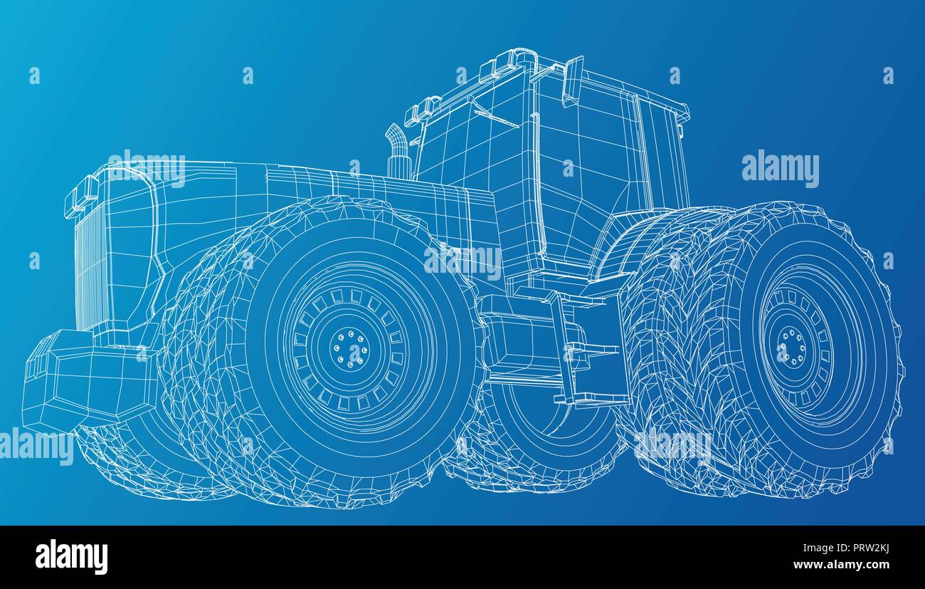 Vector tractor. Side view. Wire-frame tracing illustration of 3d. EPS ...