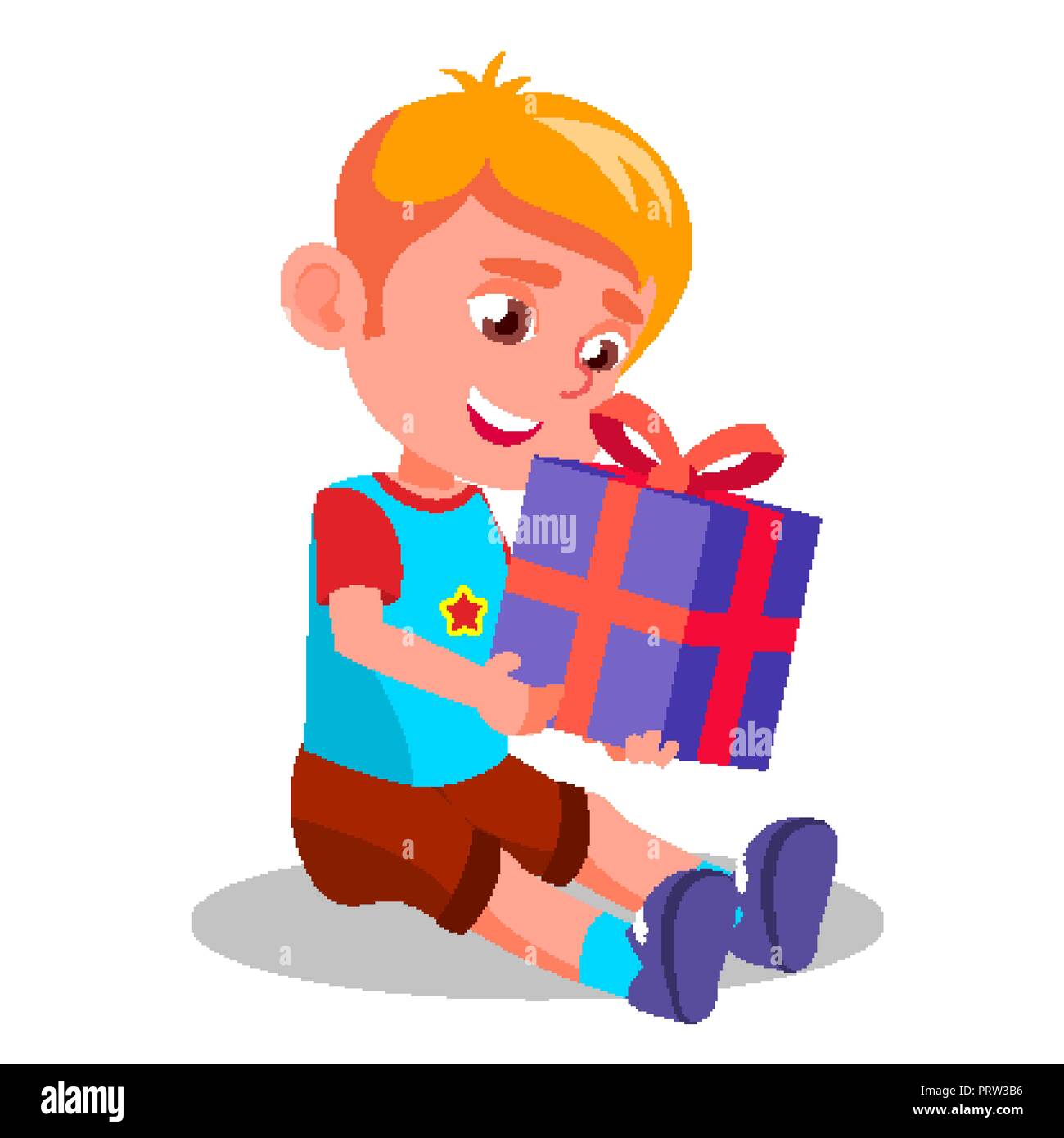Little Boy Opening Gift Christmas Box Vector. Isolated Illustration ...