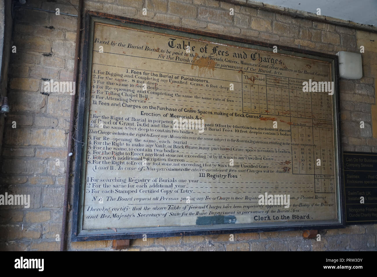 Table of Burial Fees and Charges at Oundle Museum Stock Photo - Alamy