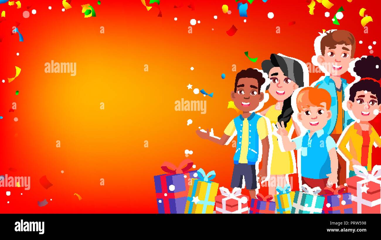 Christmas Card With Children And Gifts Vector. Isolated Illustration ...