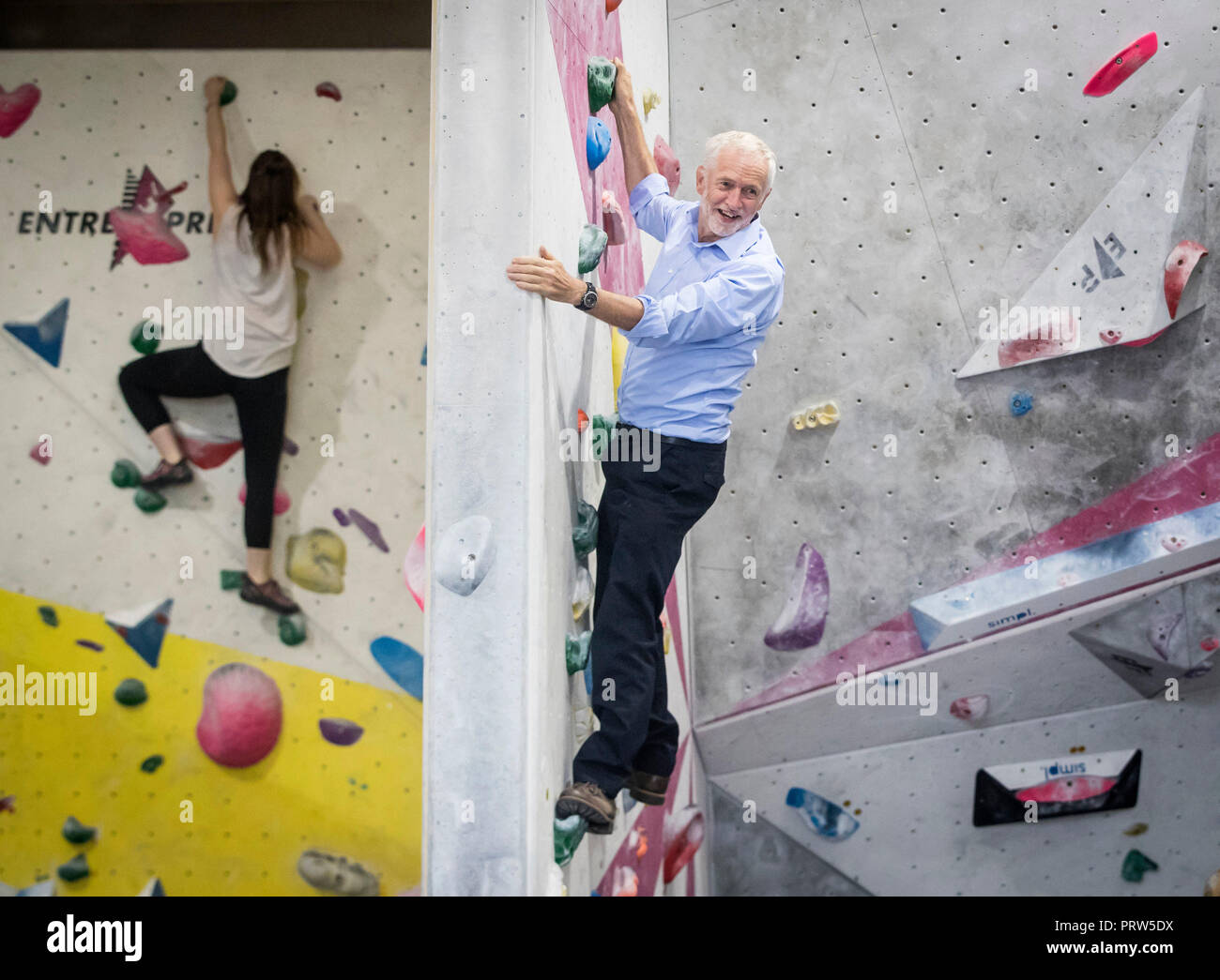Labour leader Jeremy Corbyn on a climbing wall during a visit to The ...