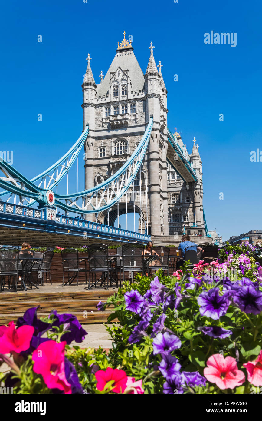England, London, Tower Bridge with Summer Flowers in Foreground Stock ...