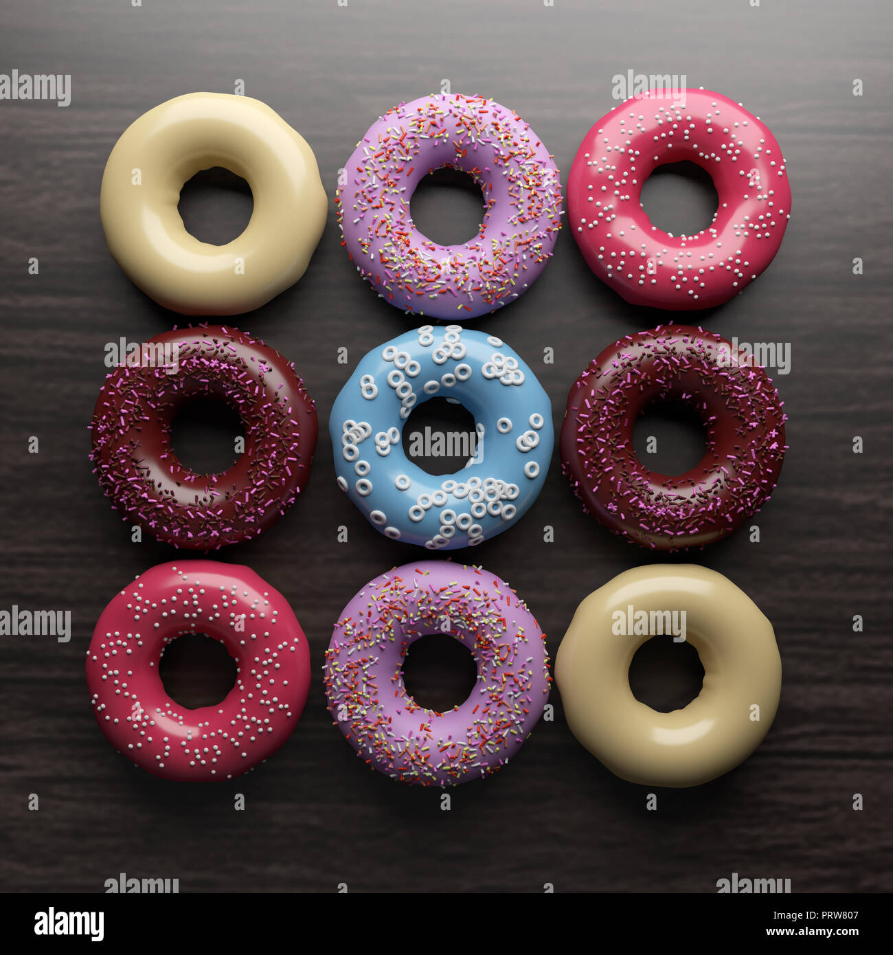 Top view various donut on wooden table . 3d rendering Stock Photo - Alamy