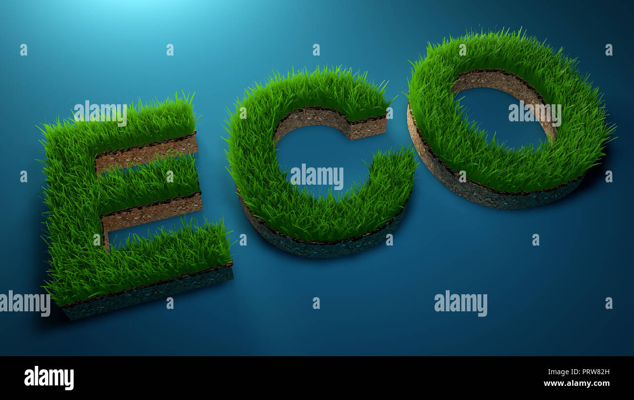 3D rendering Eco word made of green grass on gradient blue background ...
