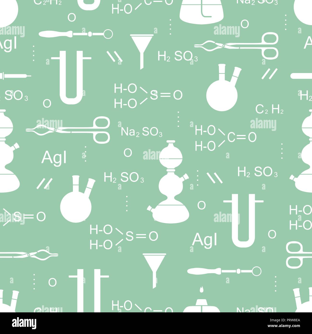 Scientific vector seamless pattern with flasks, burners, funnels, tools ...