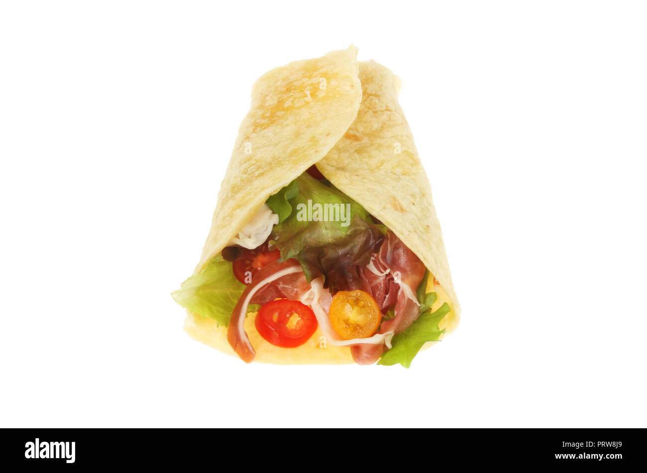 Parma ham and salad piada wrap isolated against white Stock Photo - Alamy