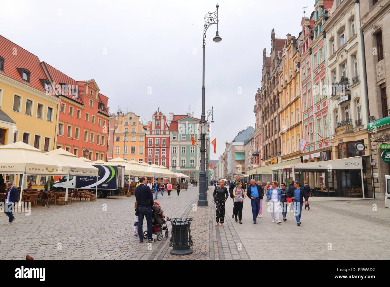 WROCLAW, POLAND - MAY 11, 2018: People visit the main square (Rynek) in ...