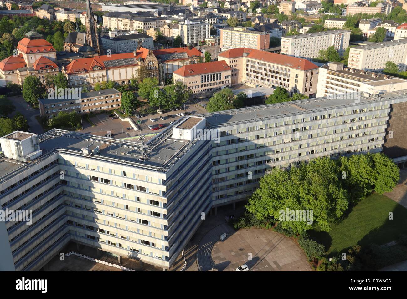 Chemnitz city in Germany (State of Saxony). Aerial view in warm sunset ...