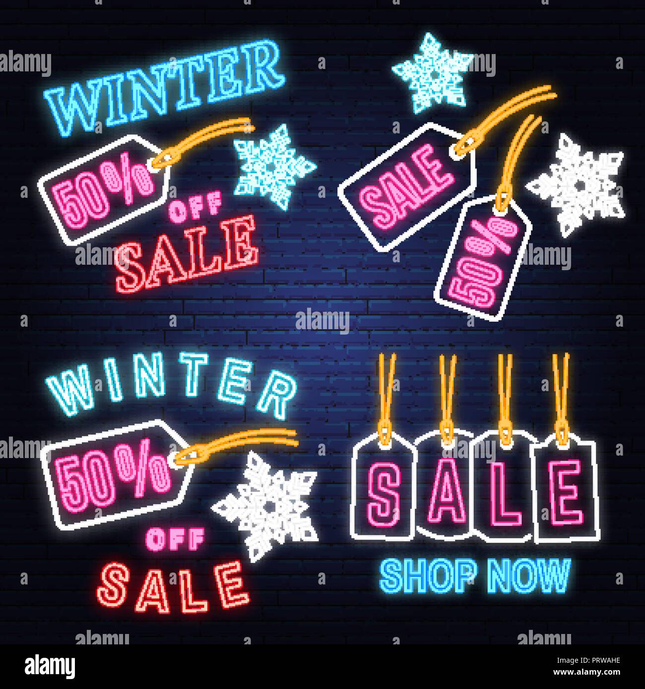 Set of winter sale neon sign with christmas tag hanging and snowflakes ...
