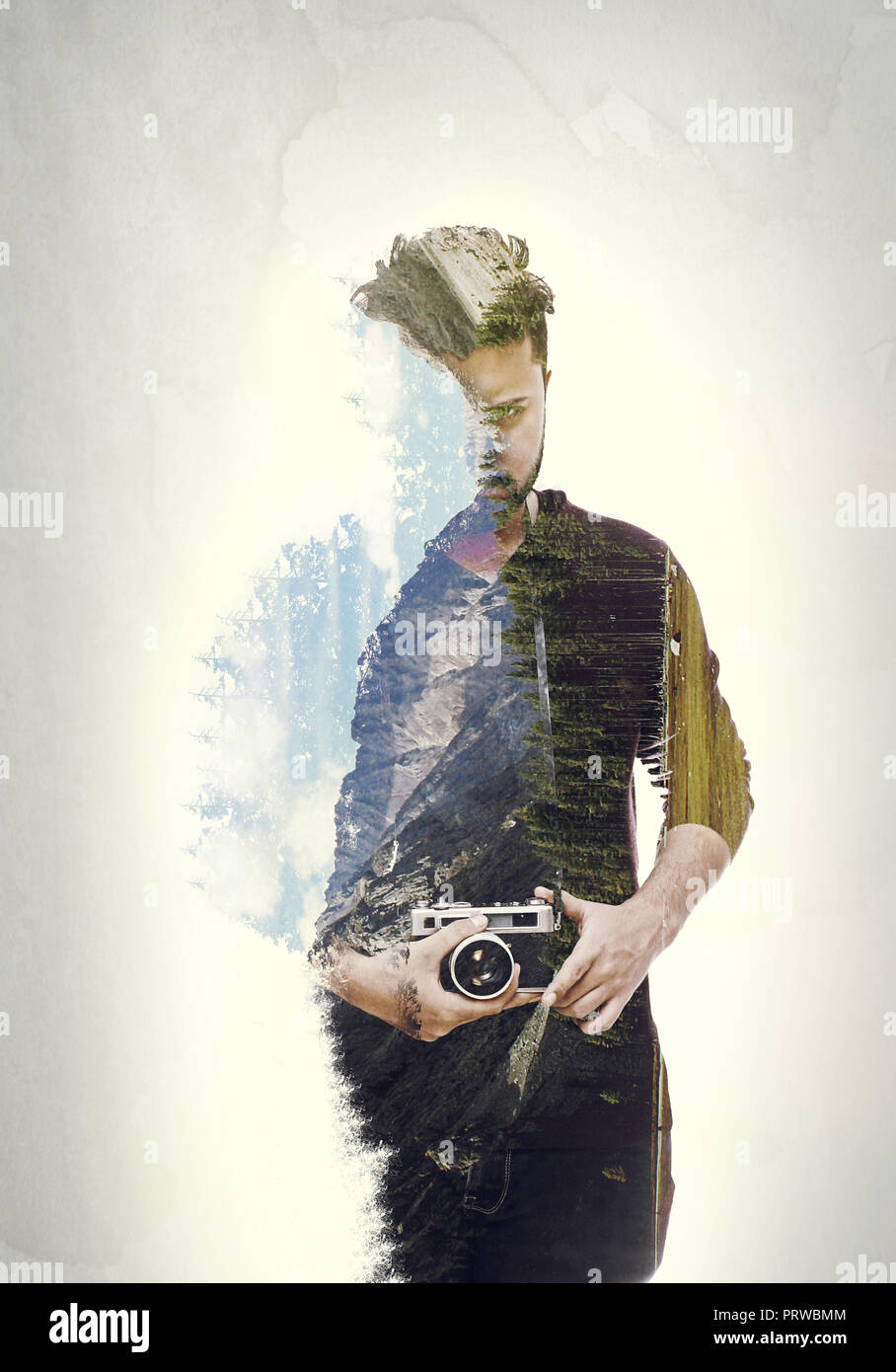 Close up double exposure portrait of a photographer guy holding vintage ...