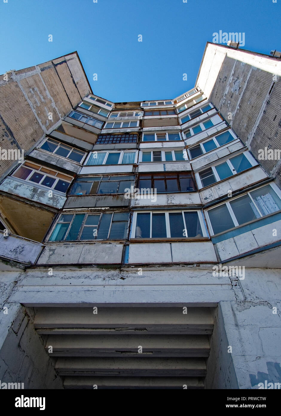 balconies prefabricated Soviet buildings on sky background, Moscow ...