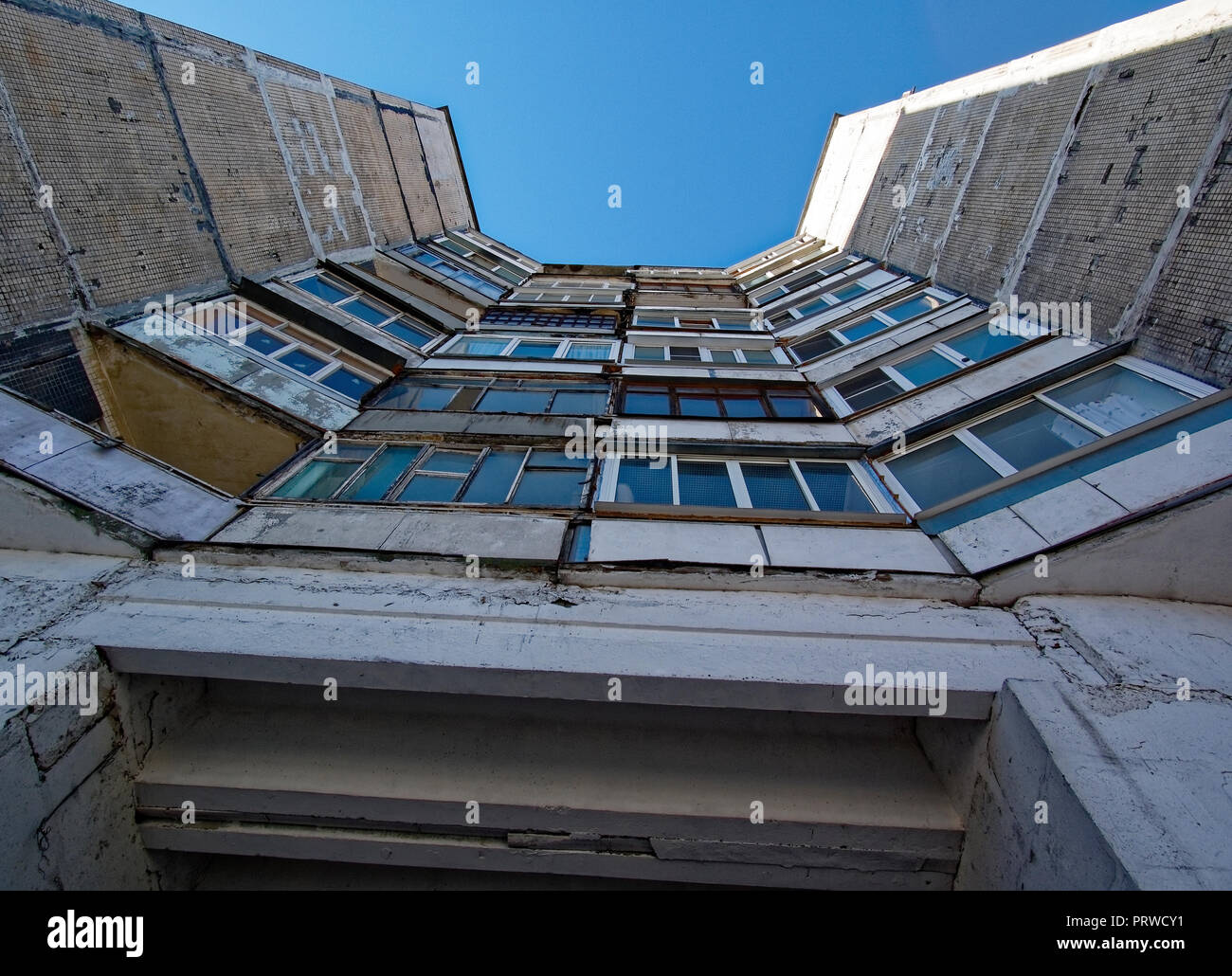 balconies prefabricated Soviet buildings on sky background, Moscow ...