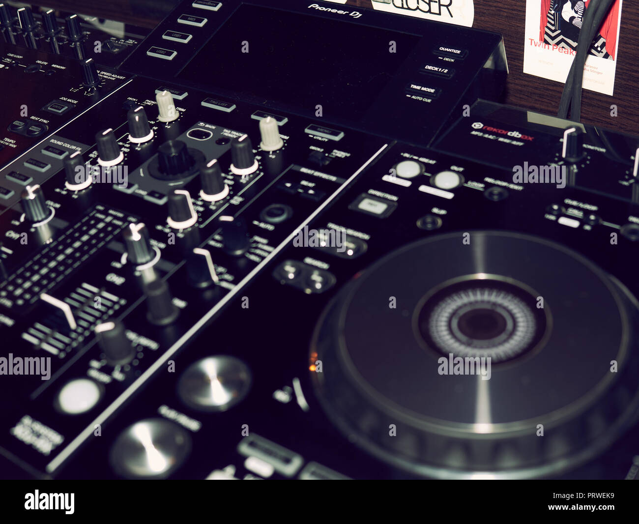 Sound mixing console detail, close up. DJ professional music console ...