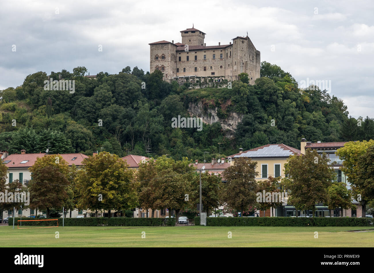 Rocca di Angera castle, view out off Angera town's embankment of lake ...