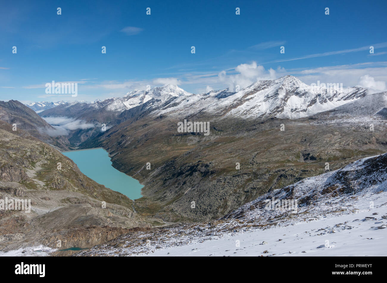 View to Stausee lake near Saas Fee in the southern Swiss Alps from ...