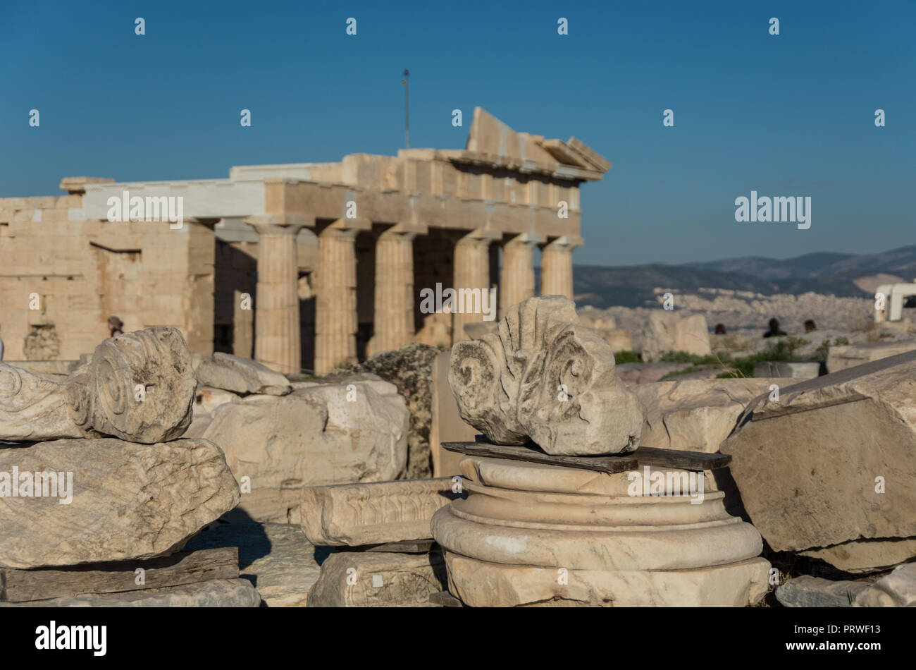 Ruins of Parthenon temple with monumental gateway Propylaea in the ...