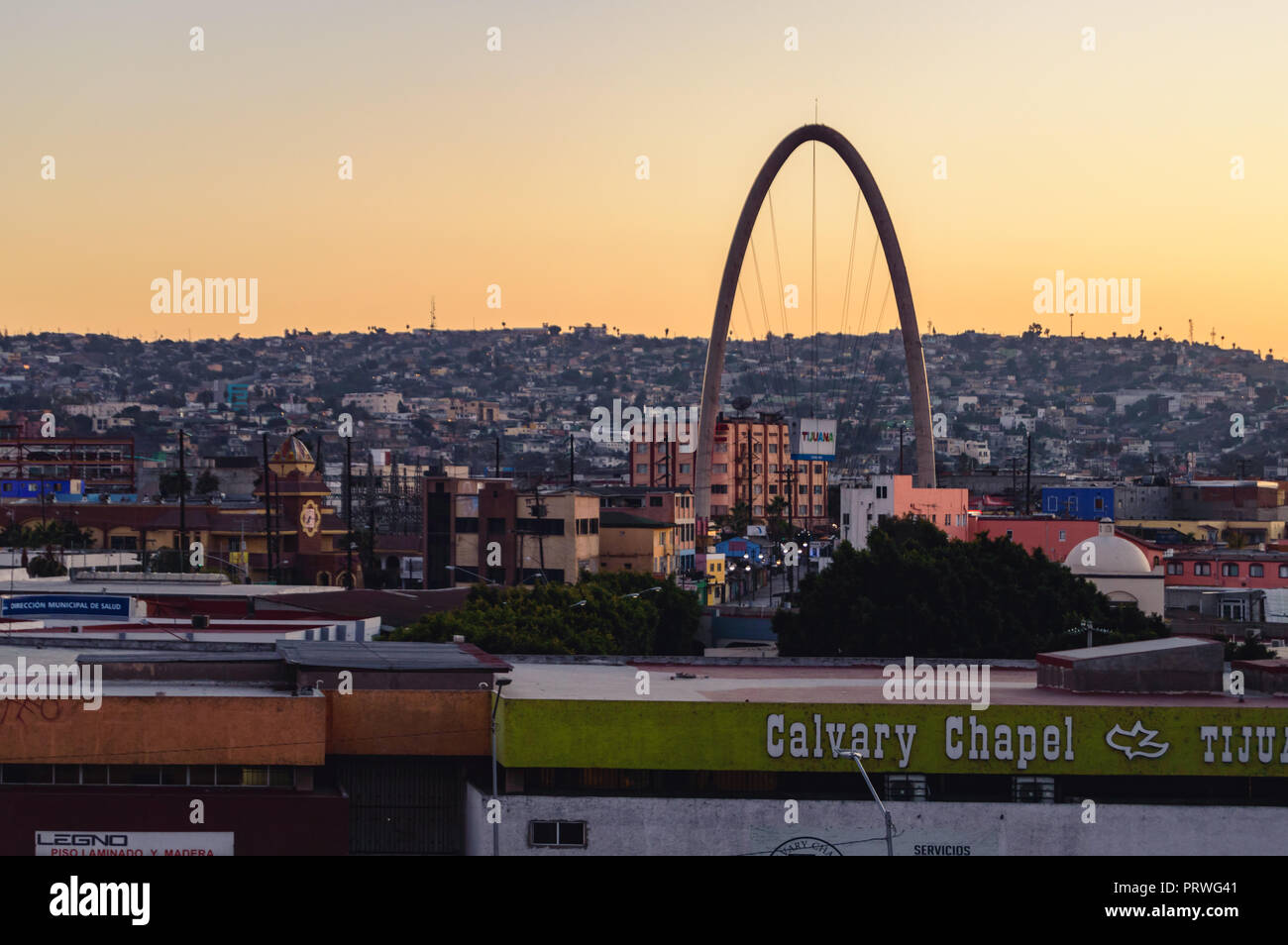 Downtown Tijuana at sunset, room for text Stock Photo - Alamy
