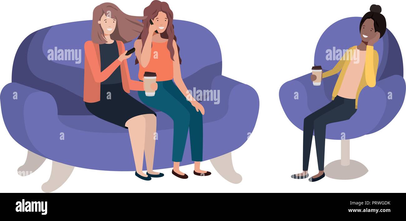 women sitting on sofa with smartphone avatar character Stock Vector ...