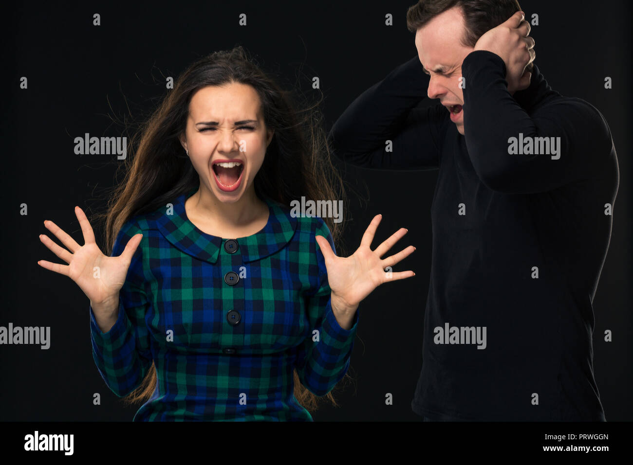 ouple having conflict, bad relationships. Angry fury woman screaming ...