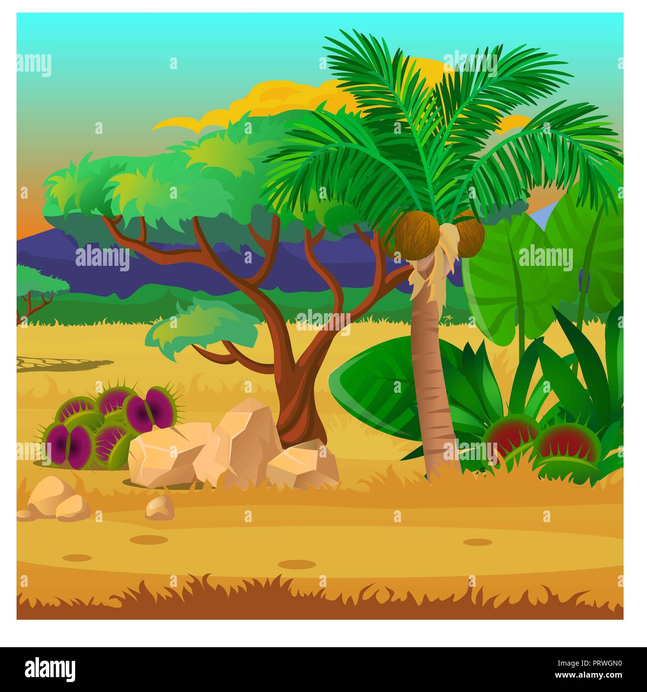 Picturesque landscape with a coconut palm tree, rocks and carnivorous ...