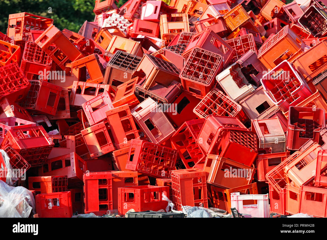 Big bunch of red crates for recycling Stock Photo - Alamy