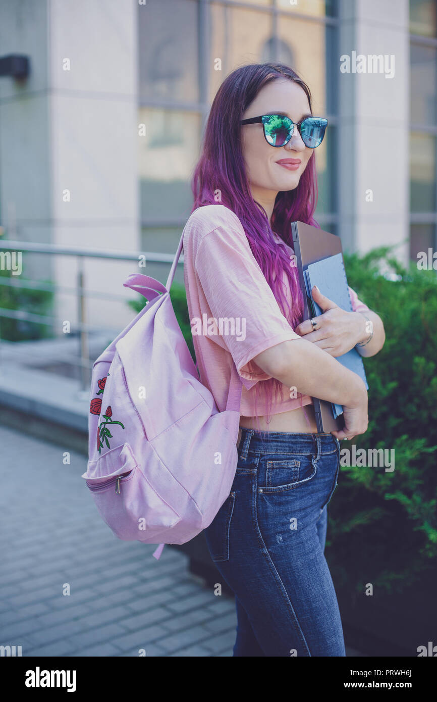 Portrait beautiful female writer dressed in casual outfit holdin Stock ...