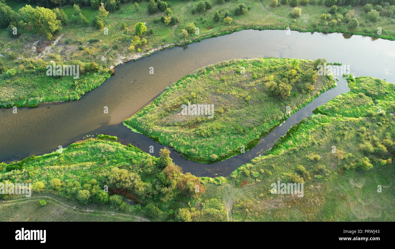 Natural river from the drone and small beach Stock Photo - Alamy