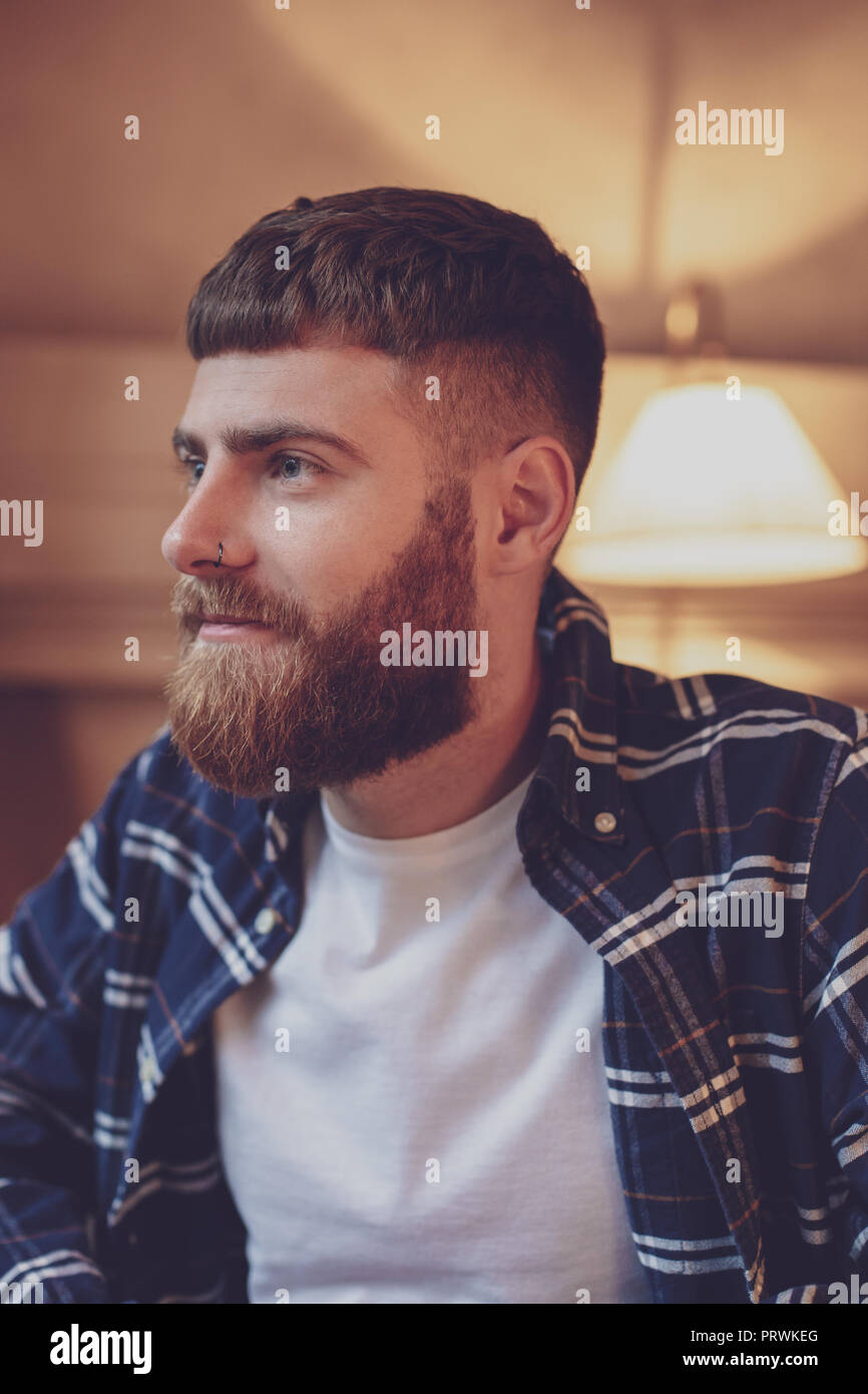 Portrait handsome bearded man wearing plaid shirt at modern cafe Stock ...