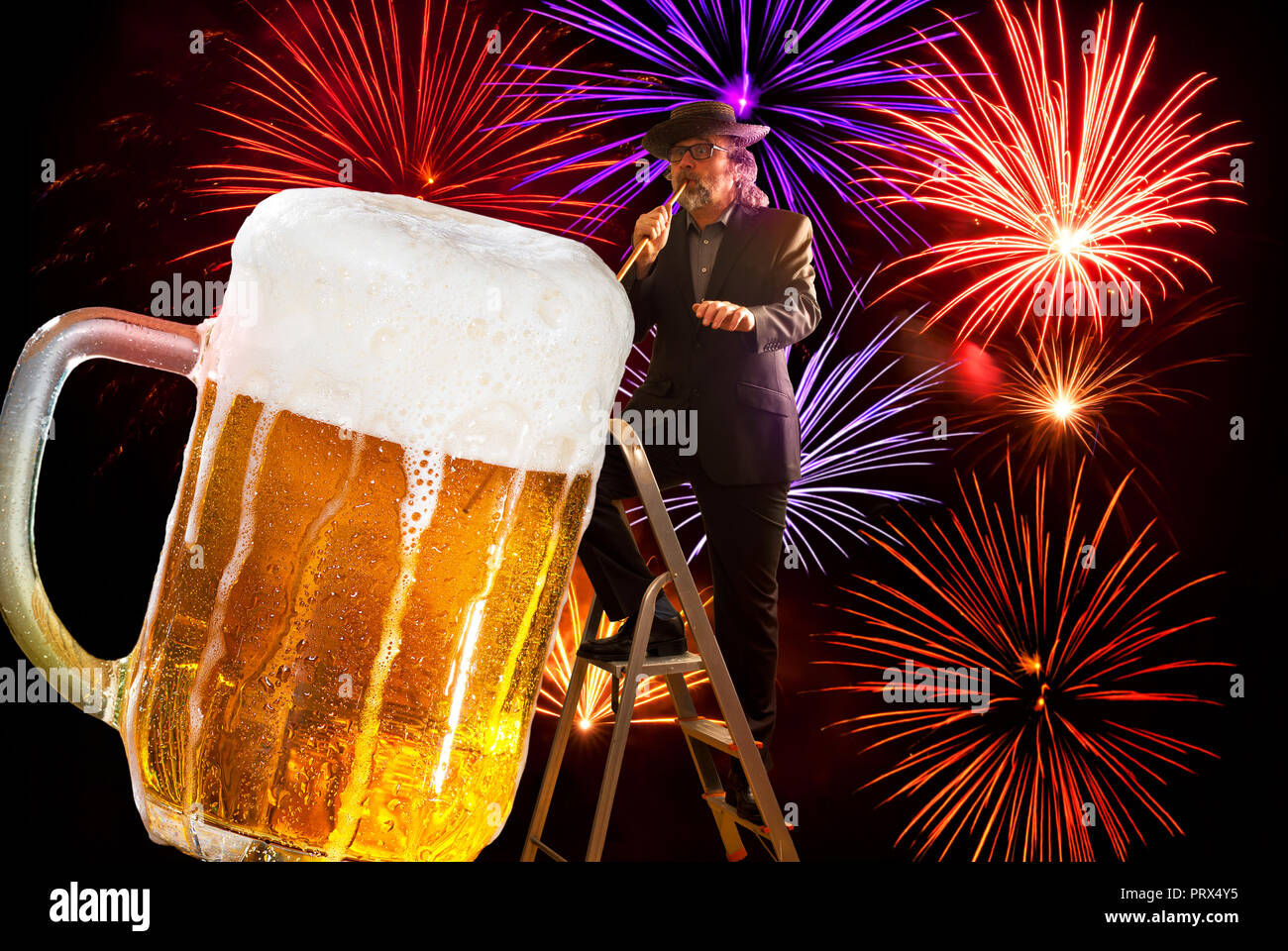 Party with fireworks. Man drinking of large beer Stock Photo - Alamy