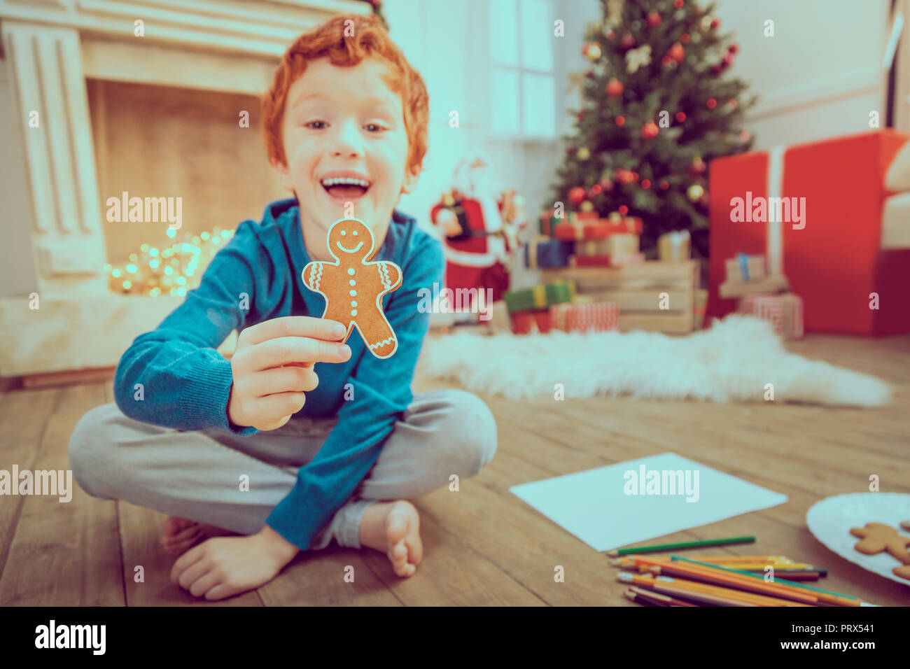 Playful boy demonstrating his gingerbread man Stock Photo - Alamy