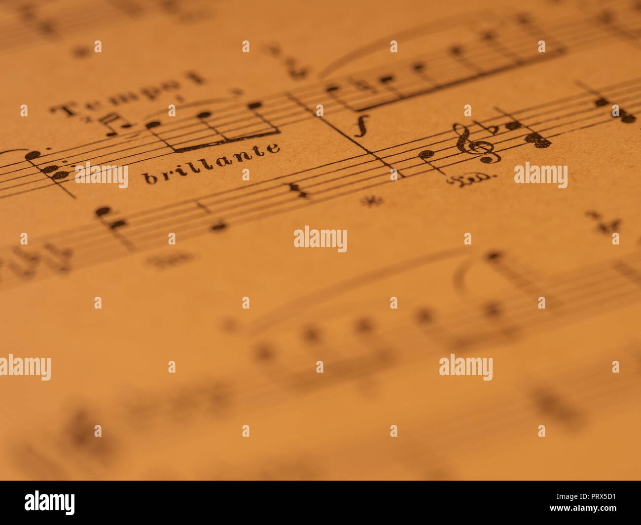 A closeup of a few bars of a classical print piano score with a ...