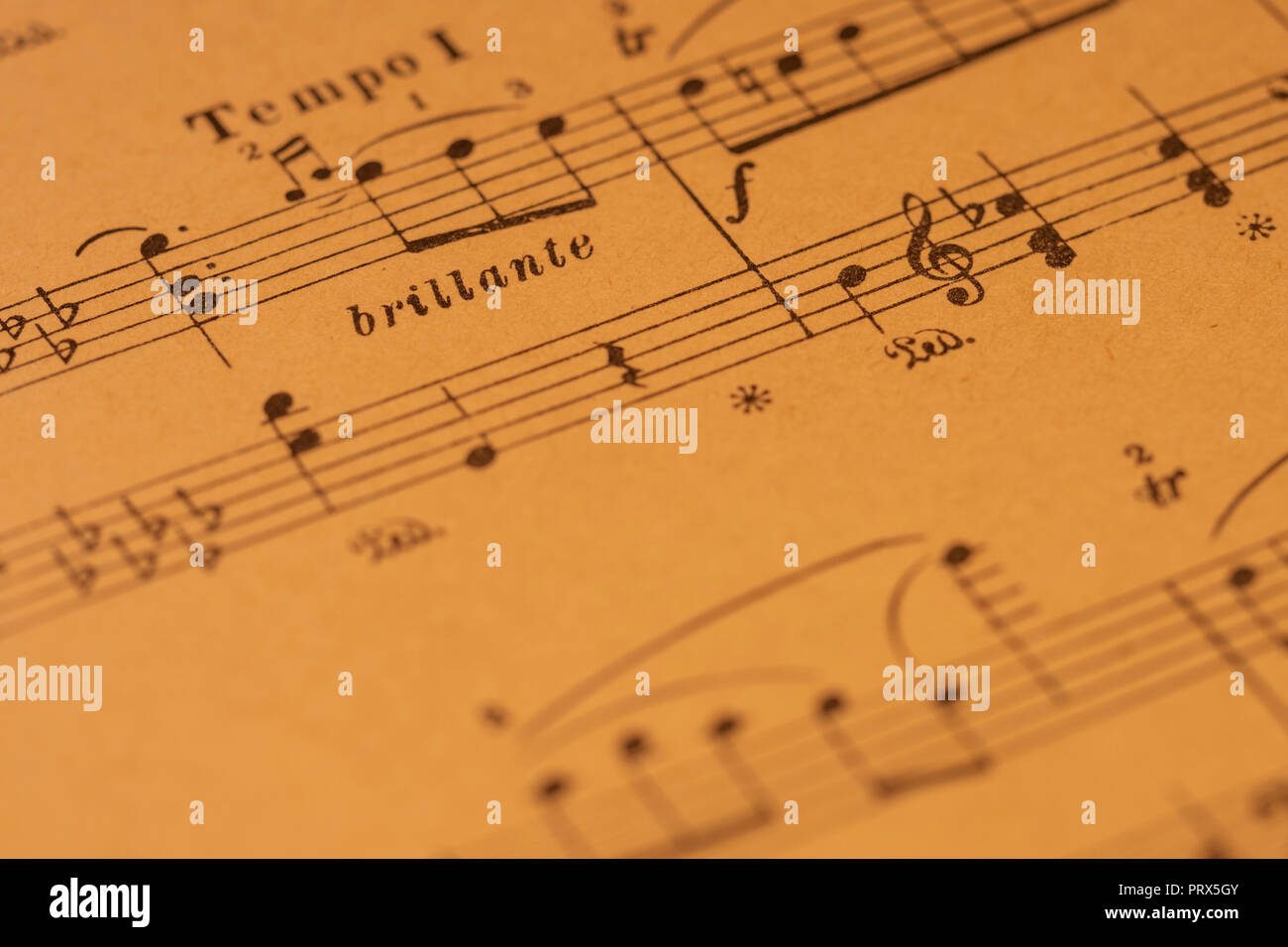 A closeup of a few bars of a classical print piano score with a ...