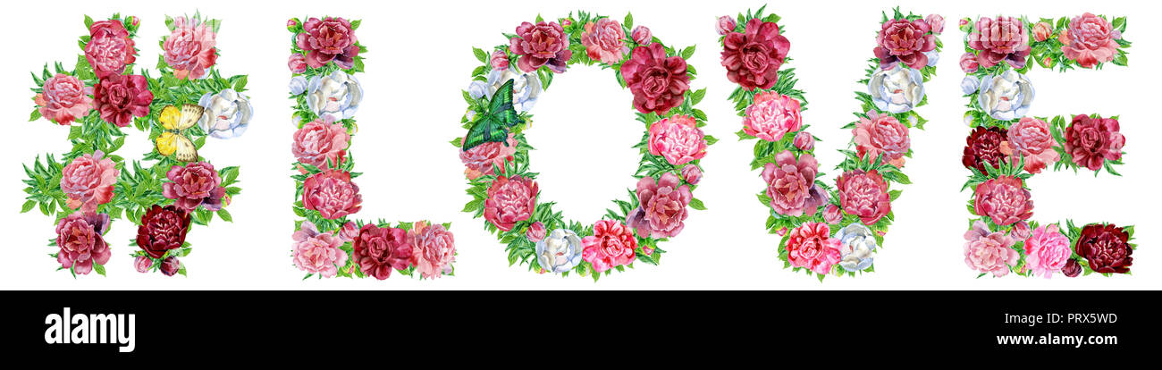 Hashtag sign with word LOVE of watercolor flowers, isolated hand drawn ...