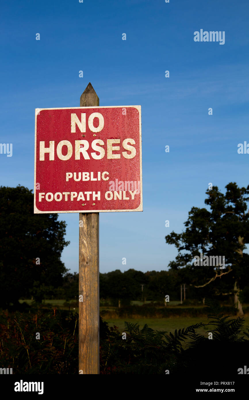 No horses public footpath only sign in rural county of Hampshire Stock ...