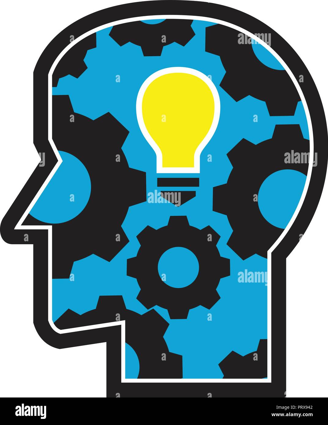 Icon retro style illustration of a human head with glowing light bulb ...