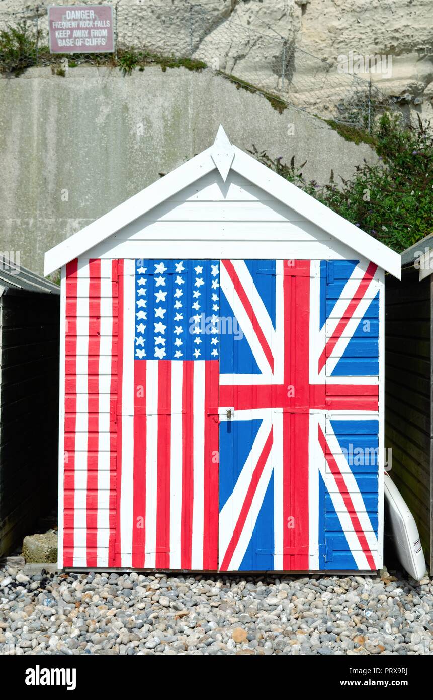 Beach hut hand painted in the flags of the United Kingdom and United ...