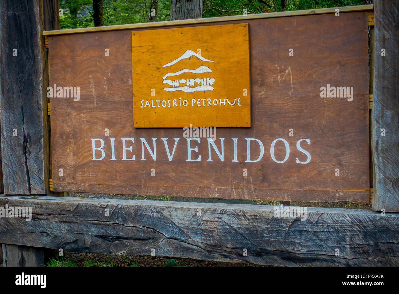 PUERTO VARAS, CHILE, SEPTEMBER, 23, 2018: Outdoor view of welcome sign ...
