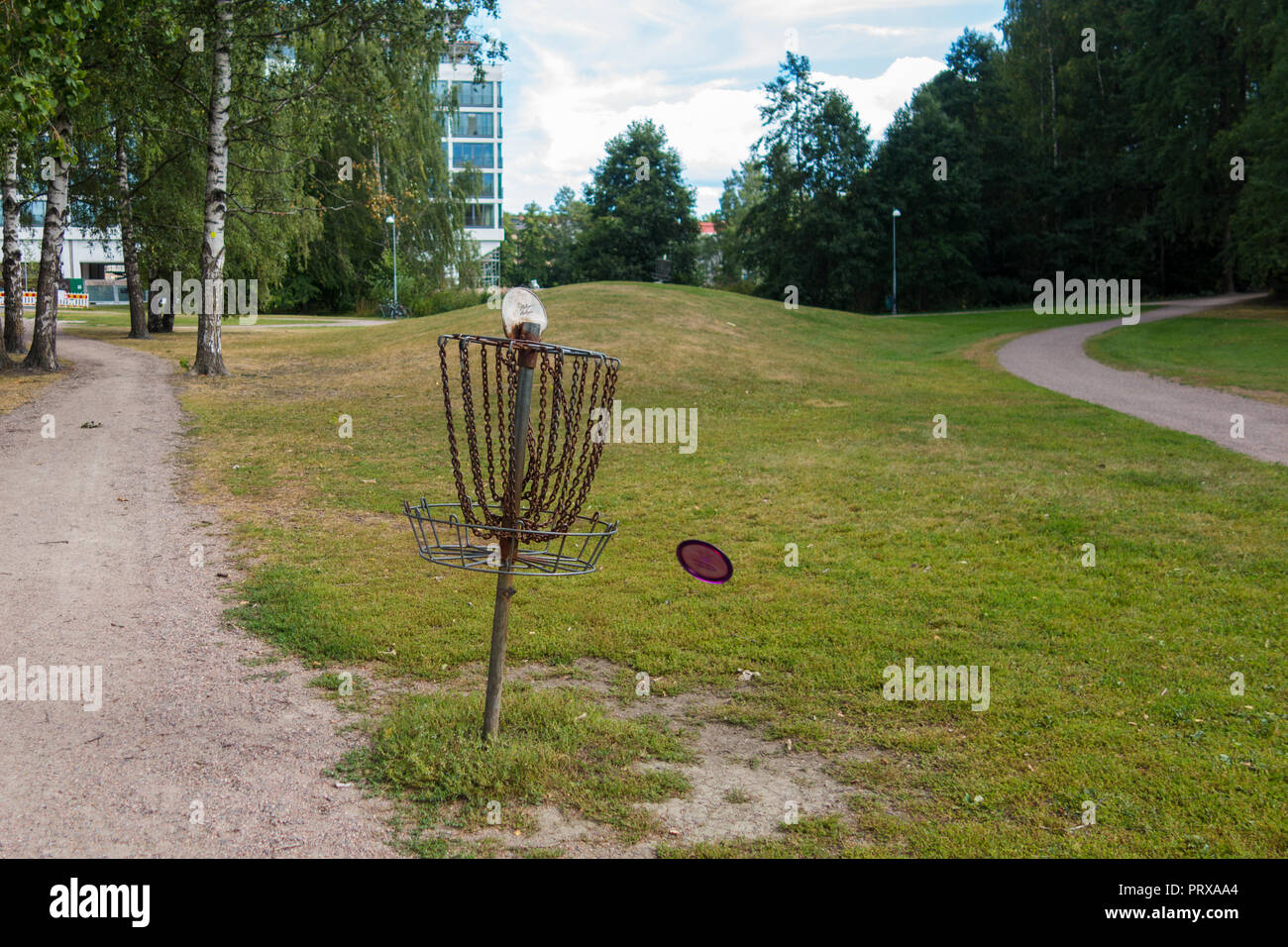 Frisbee disc flying in the air to the target, Helsinki Finland Stock ...