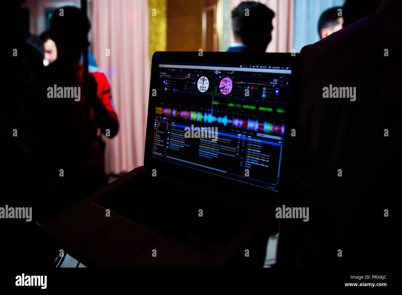 Party dj audio equipment on scene in club.Bright concert lighting.Disc ...