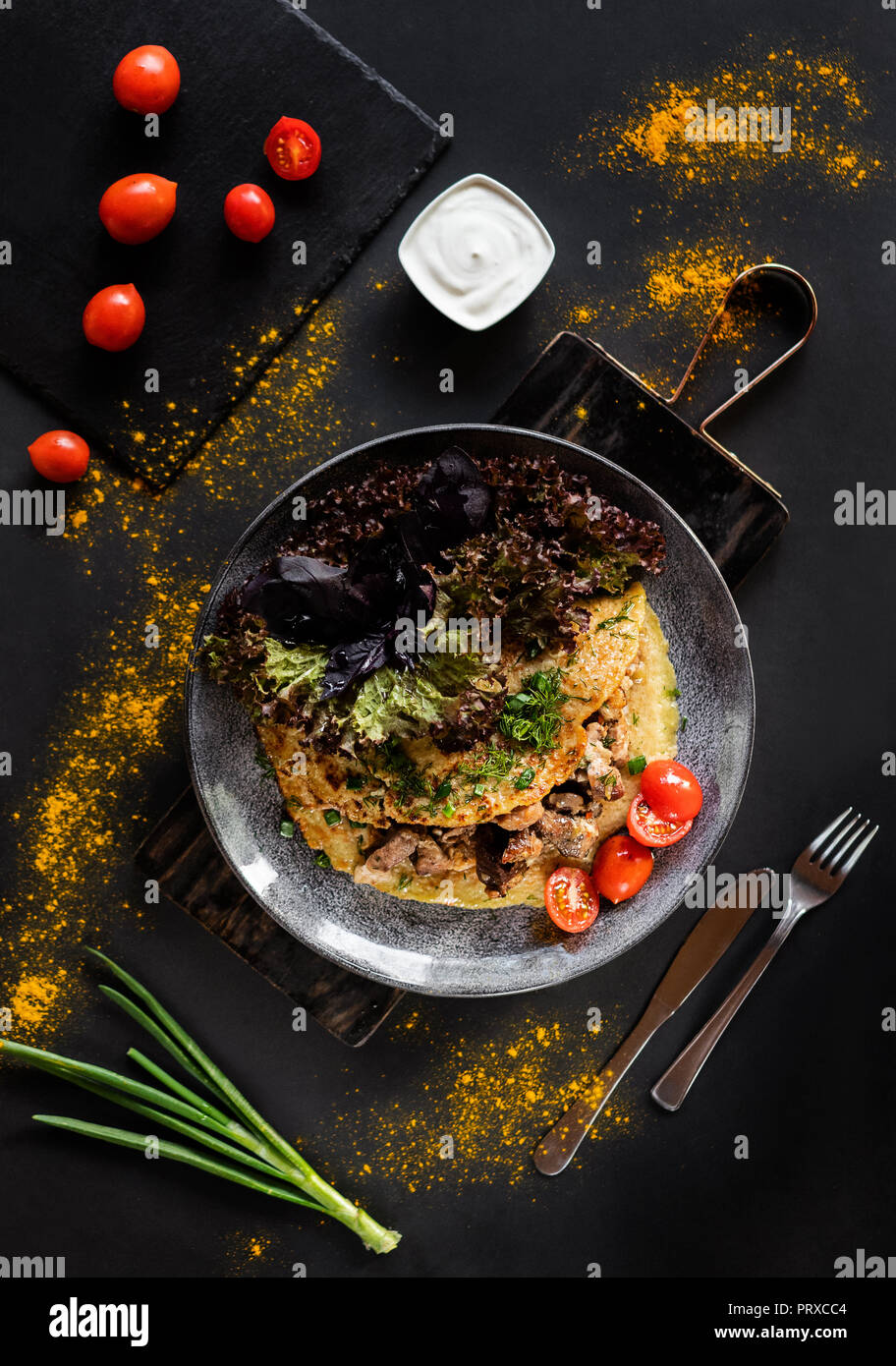 Belorussian National food - draniki. Traditional eating concept. Dark ...